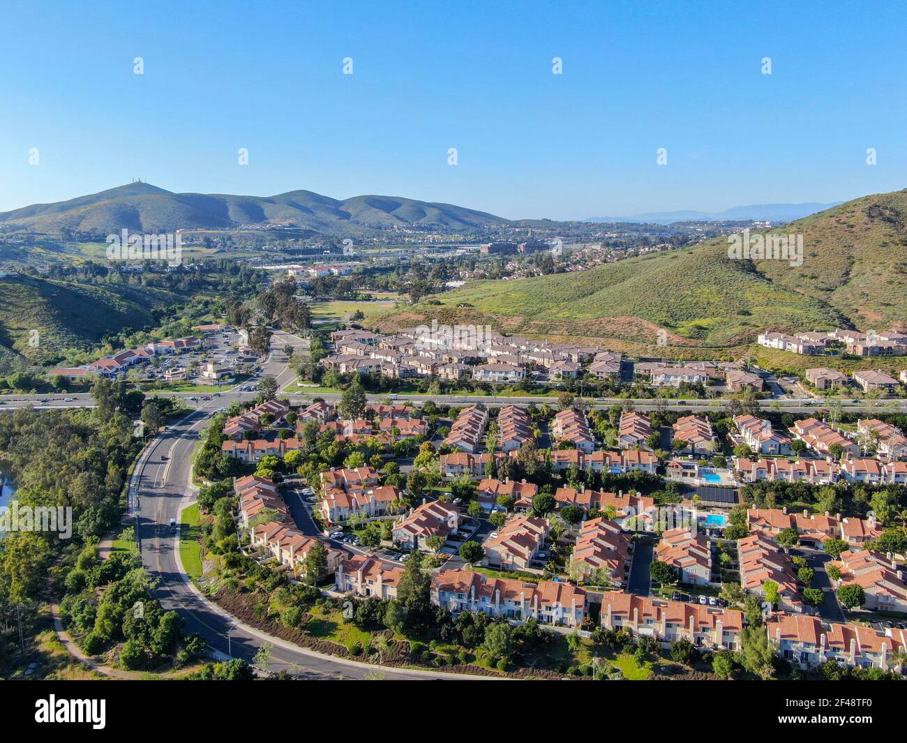 Aerial view of upper middle class neighborhood with big villas around ...