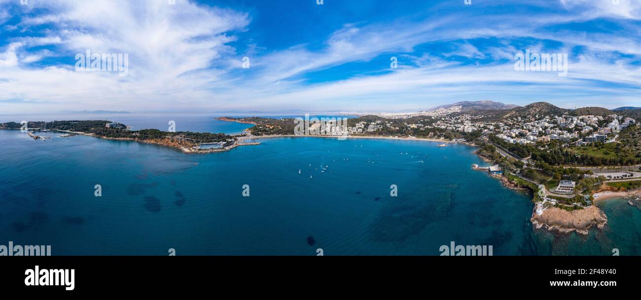 Athens riviera coast, Greece. Panoramic aerial drone view of ...