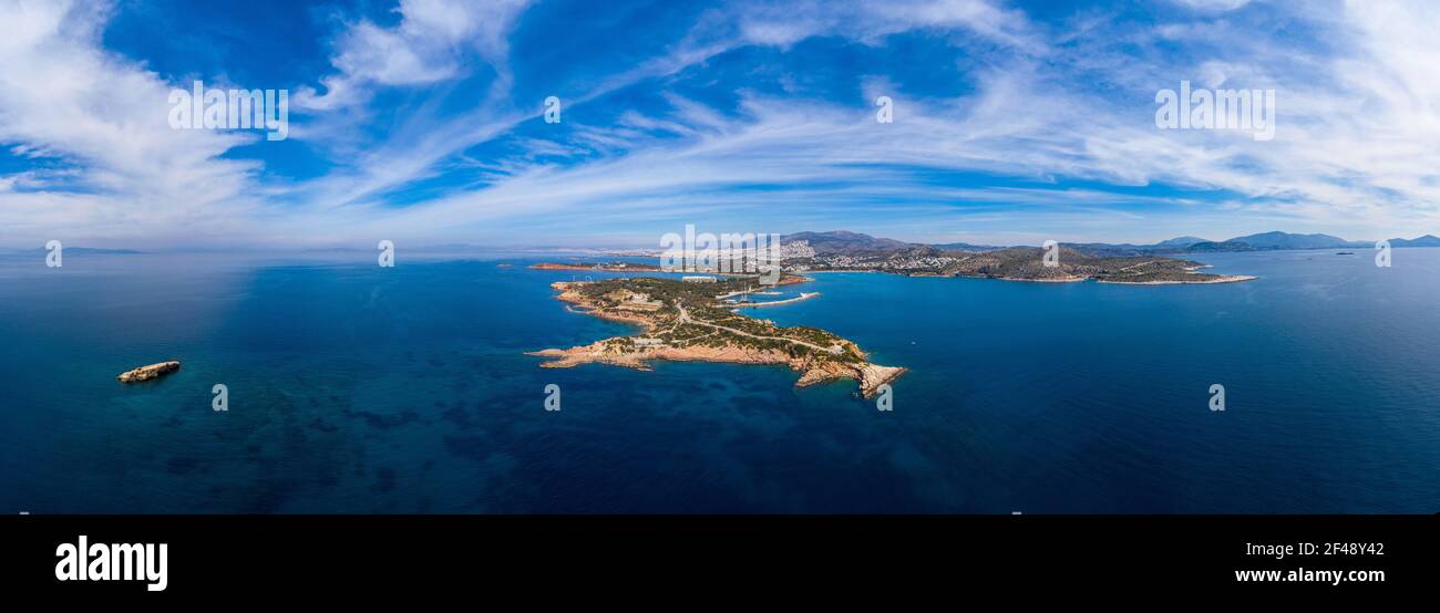 Greece Athens riviera coast, Vouliagmeni, panoramic aerial drone view ...