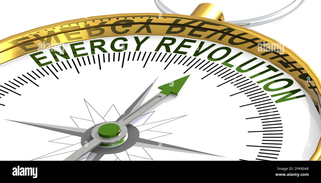 A 3D rendering of an energy revolution word on a white compass Stock ...