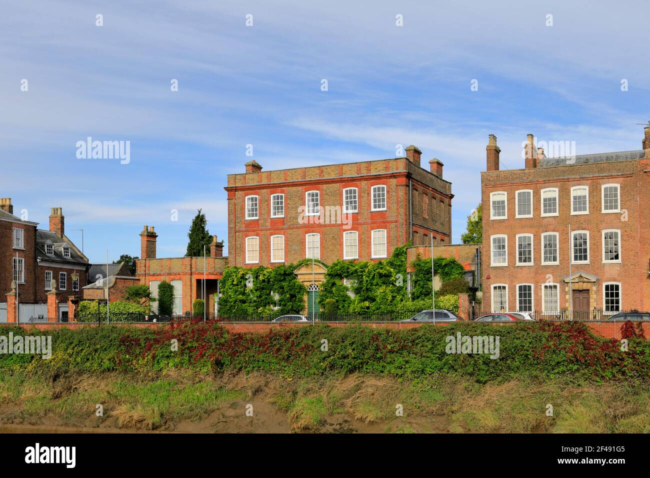 View of Peckover House, North Brink, river Nene, Wisbech town ...