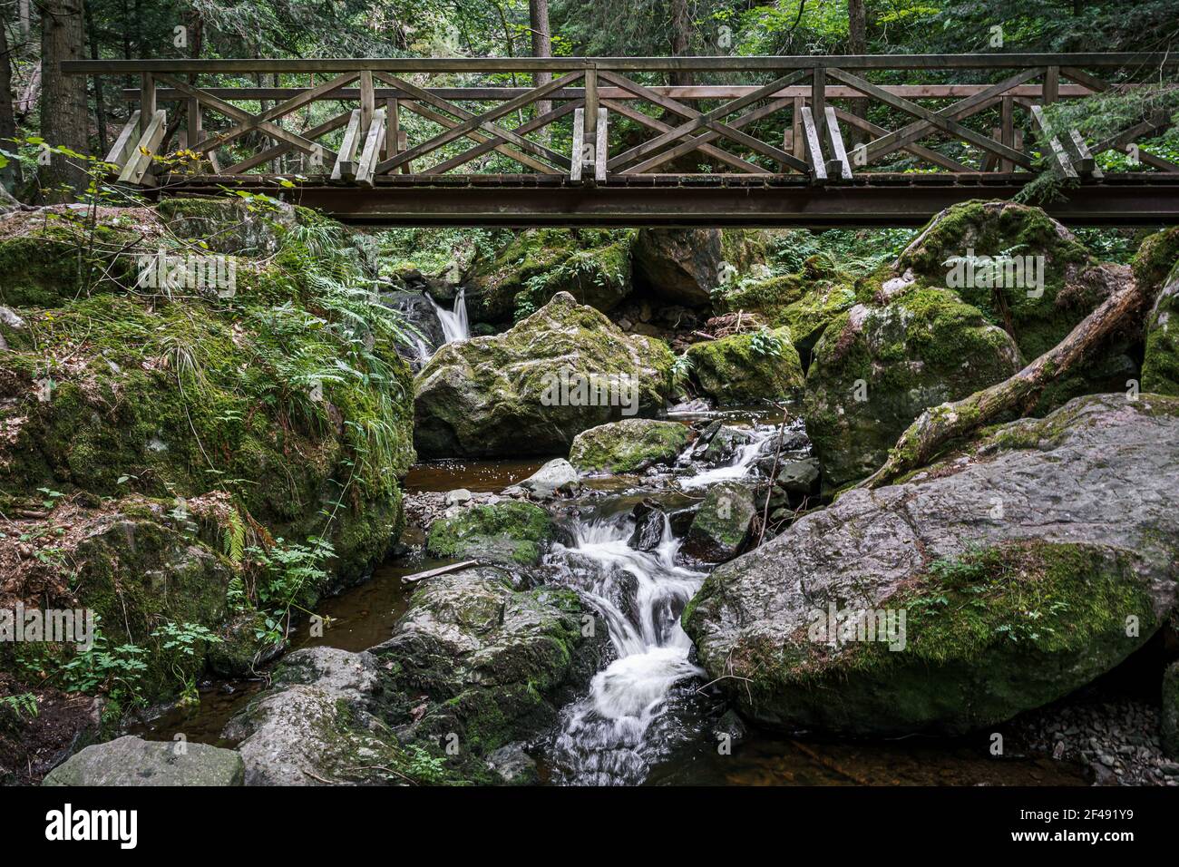 A wooden bridge over a small river streaming through the mossy rocks ...