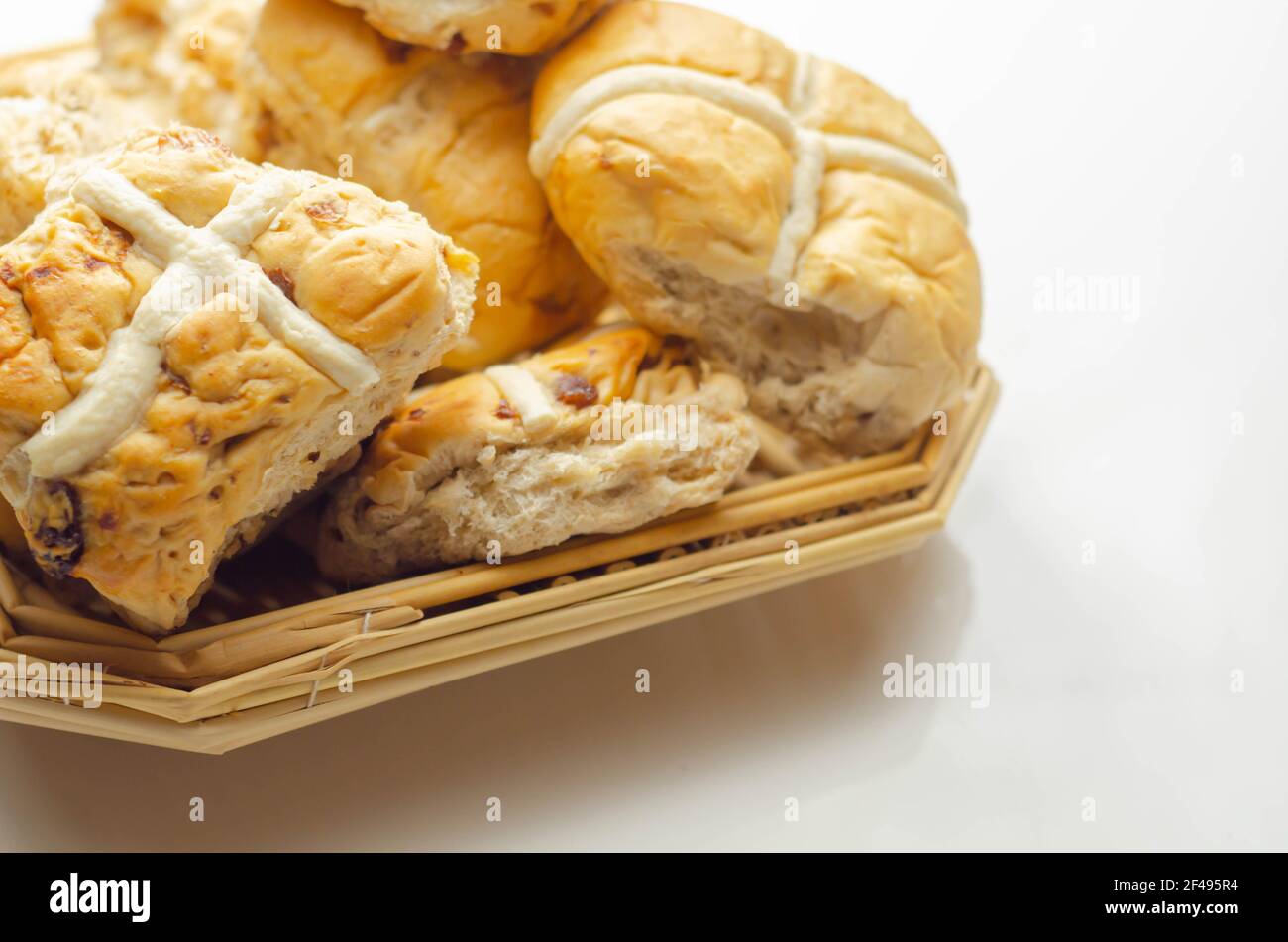 Traditional hot cross buns, bread with characteristic decoration in the ...