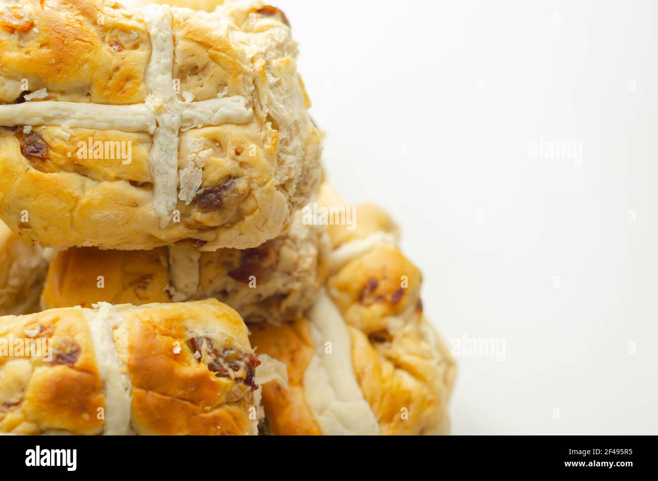 Traditional hot cross buns, bread with characteristic decoration in the ...