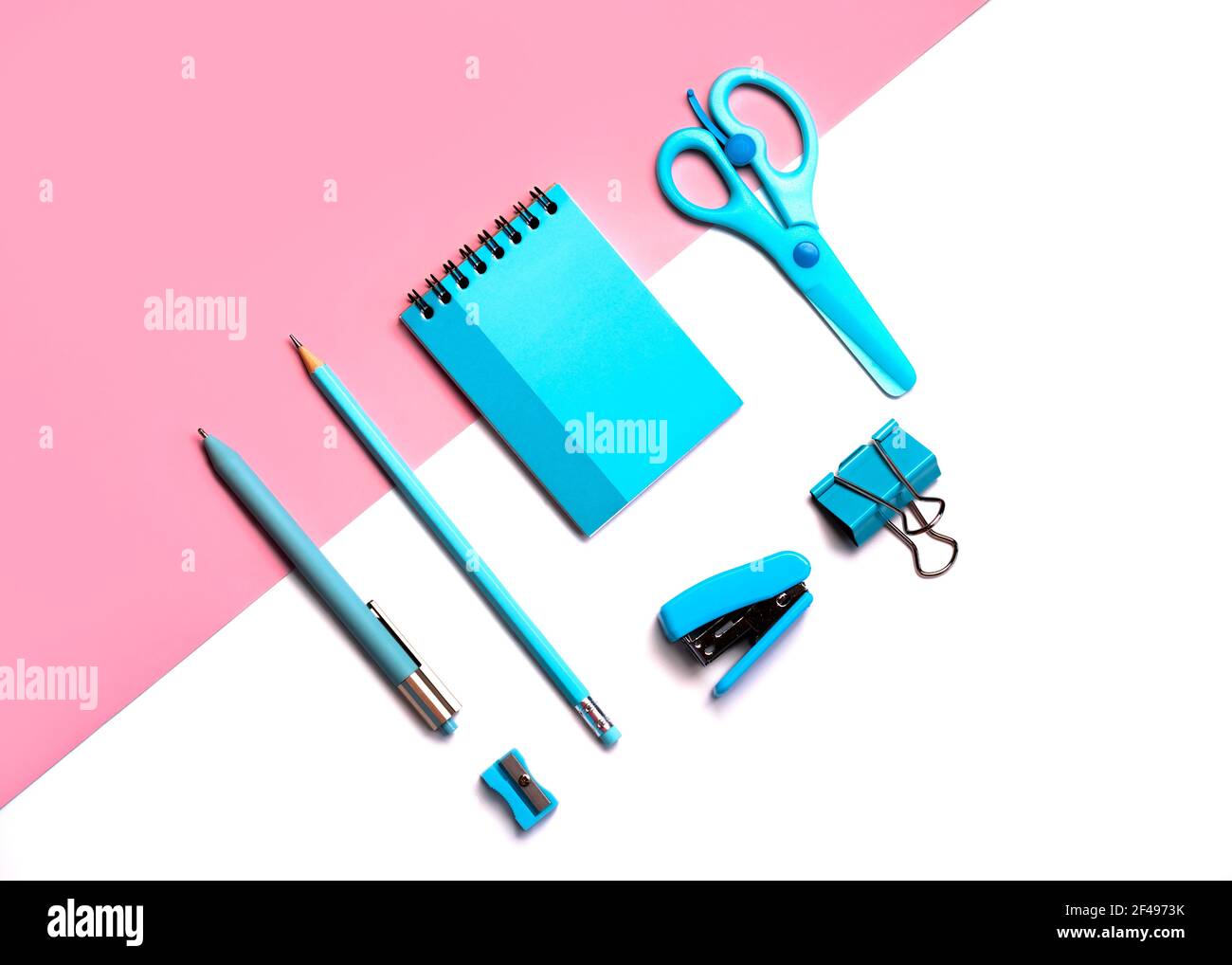 Flat Lay top view of scissors, pencil, paper clips,stapler,pencil ...