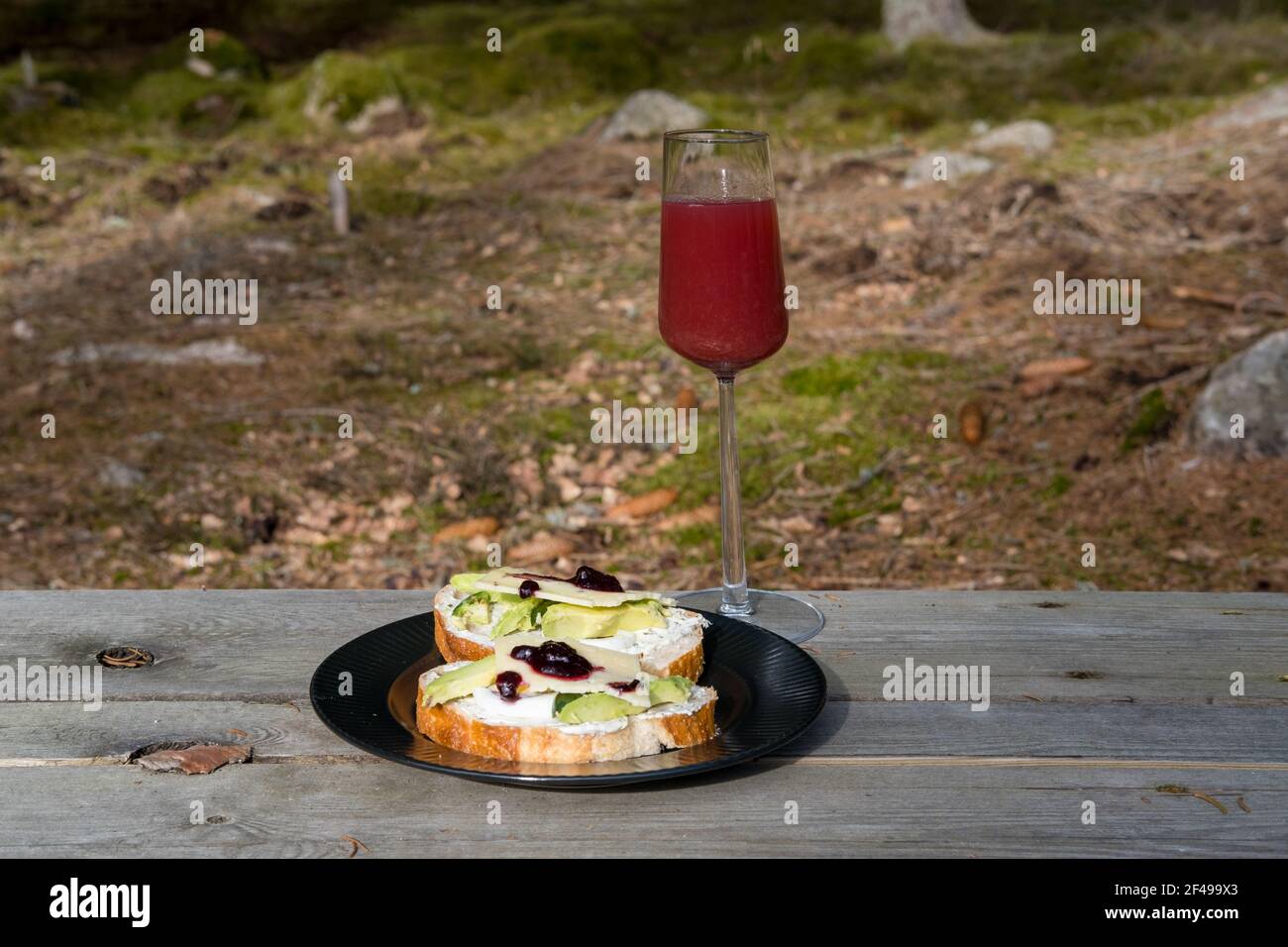 avocado sandwich and strawberry juice with woods in background ...