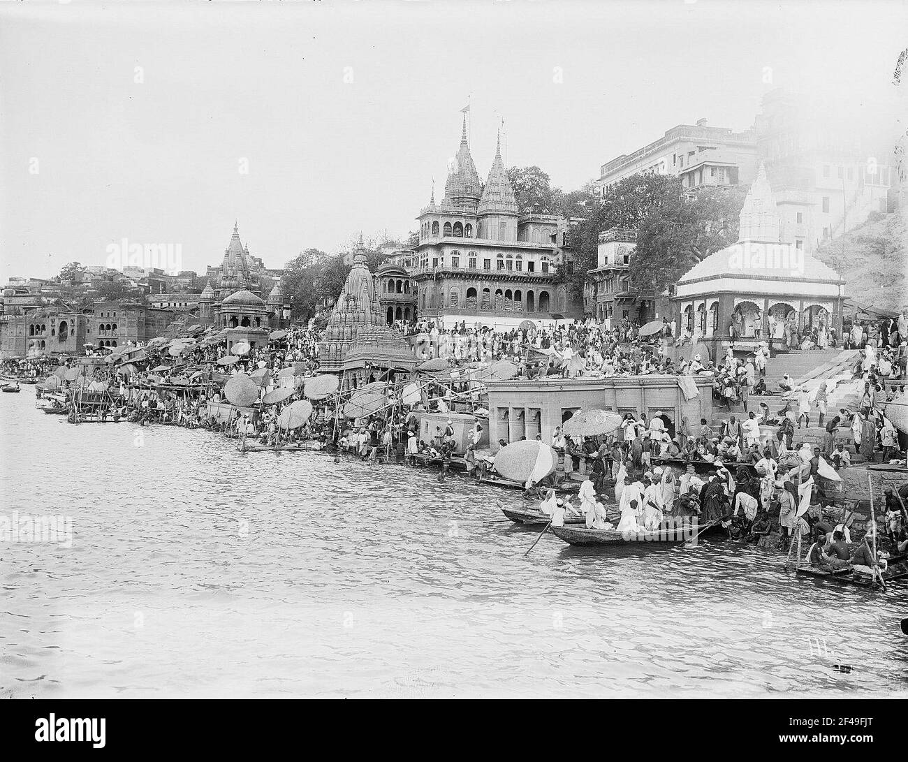 Varanasi (Benares), India. District view with temple plants. View from ...