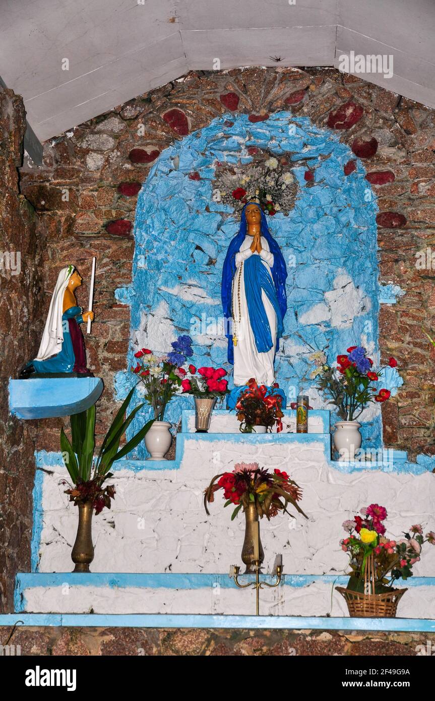 A vertical shot of a Virgin Mary altar with flowers and candles in a ...
