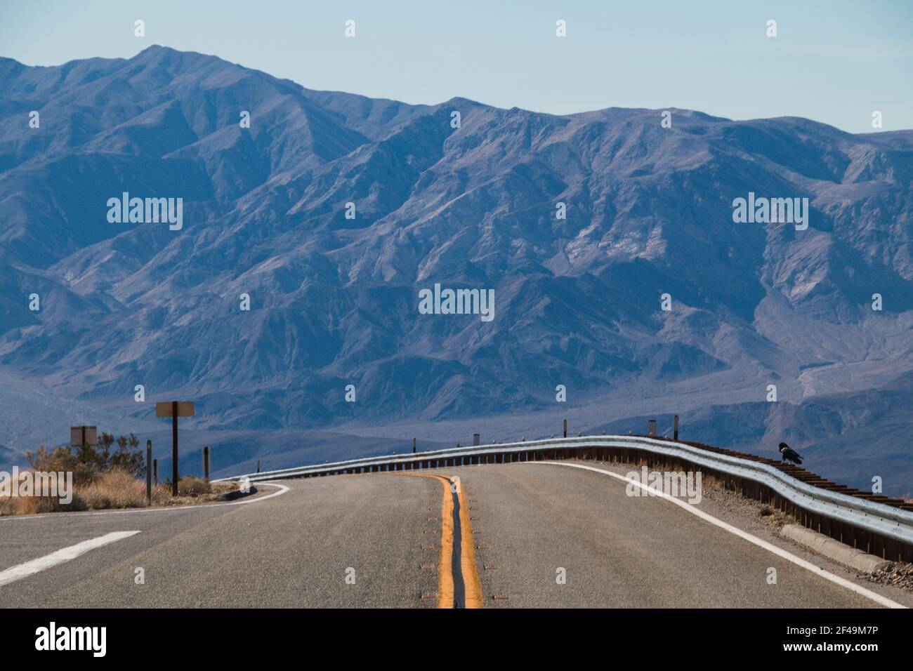 An empty road with purple mountains ahead, as a raven is perched on the ...