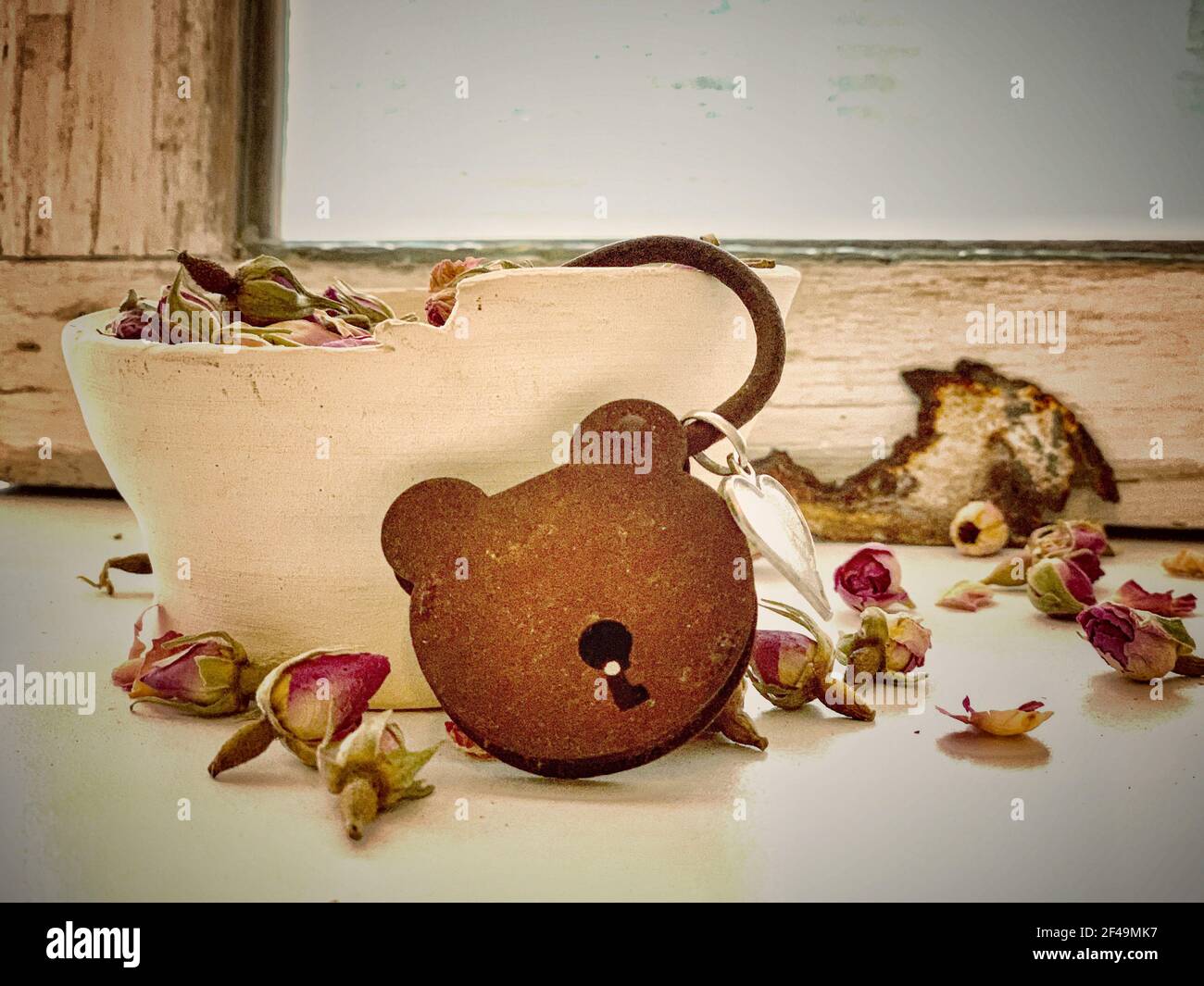 rusty old vintage lock that looks like a teddy bear face, still by the ...