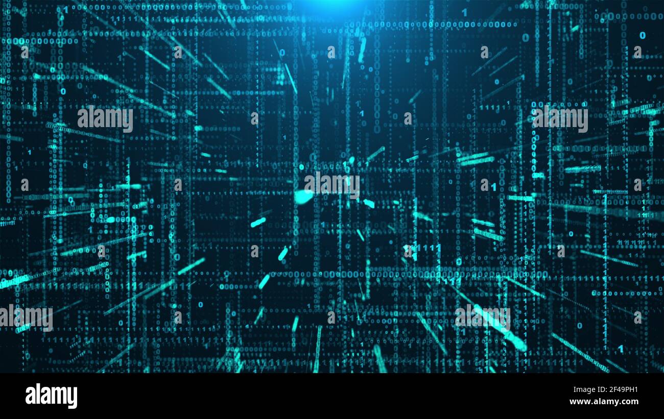 Flow of binary data, computer generated. 3d rendering of scientific ...