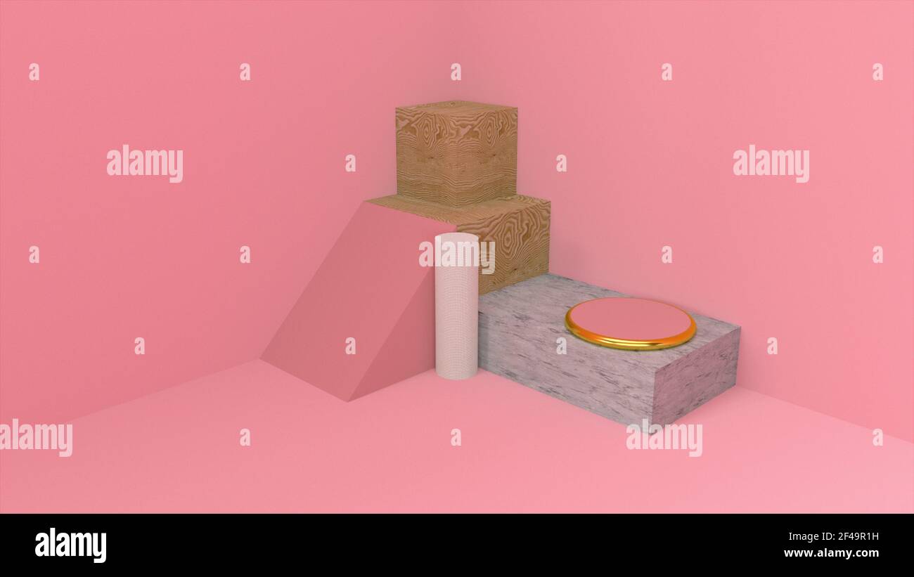 Cream stage with podium and geometric elements, computer generated. 3d ...