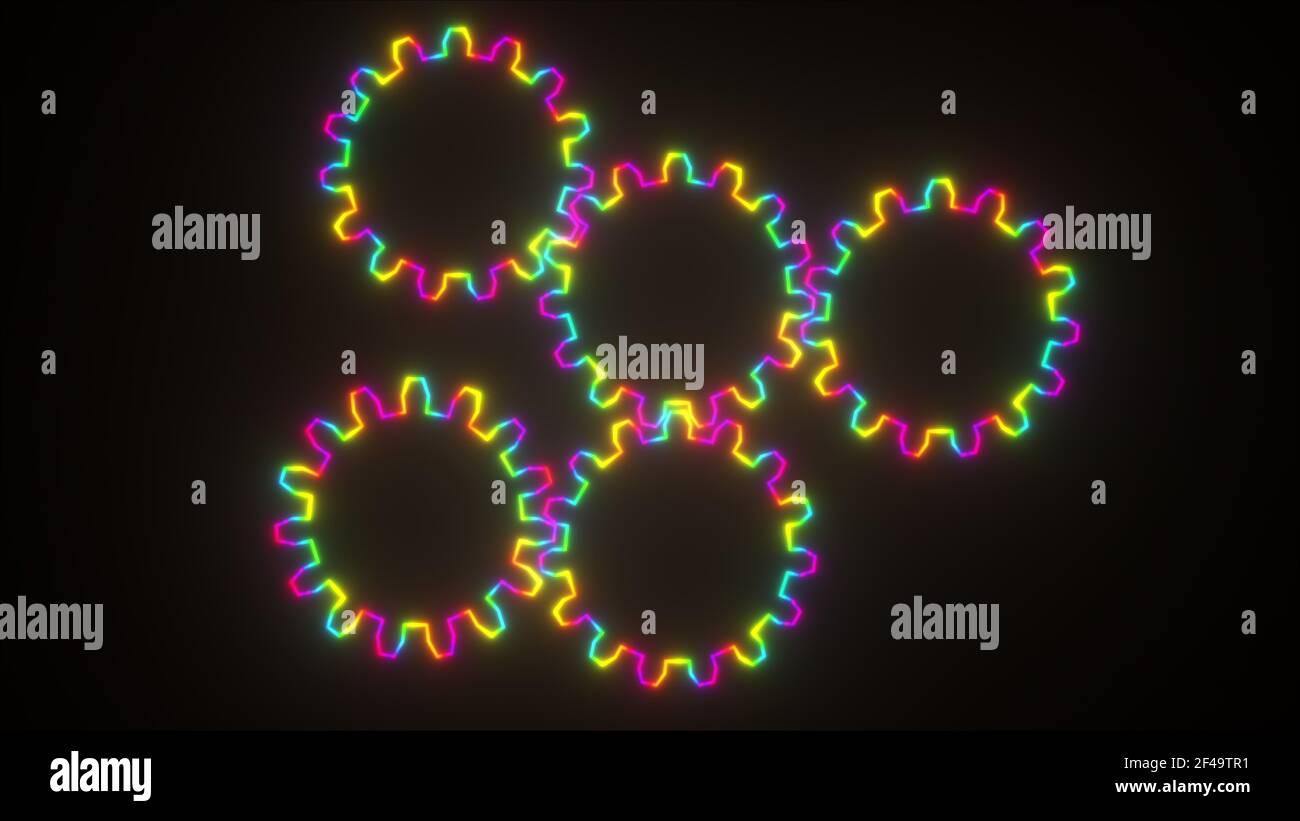Computer generated neon gears are turning slowly on dark background. 3d ...
