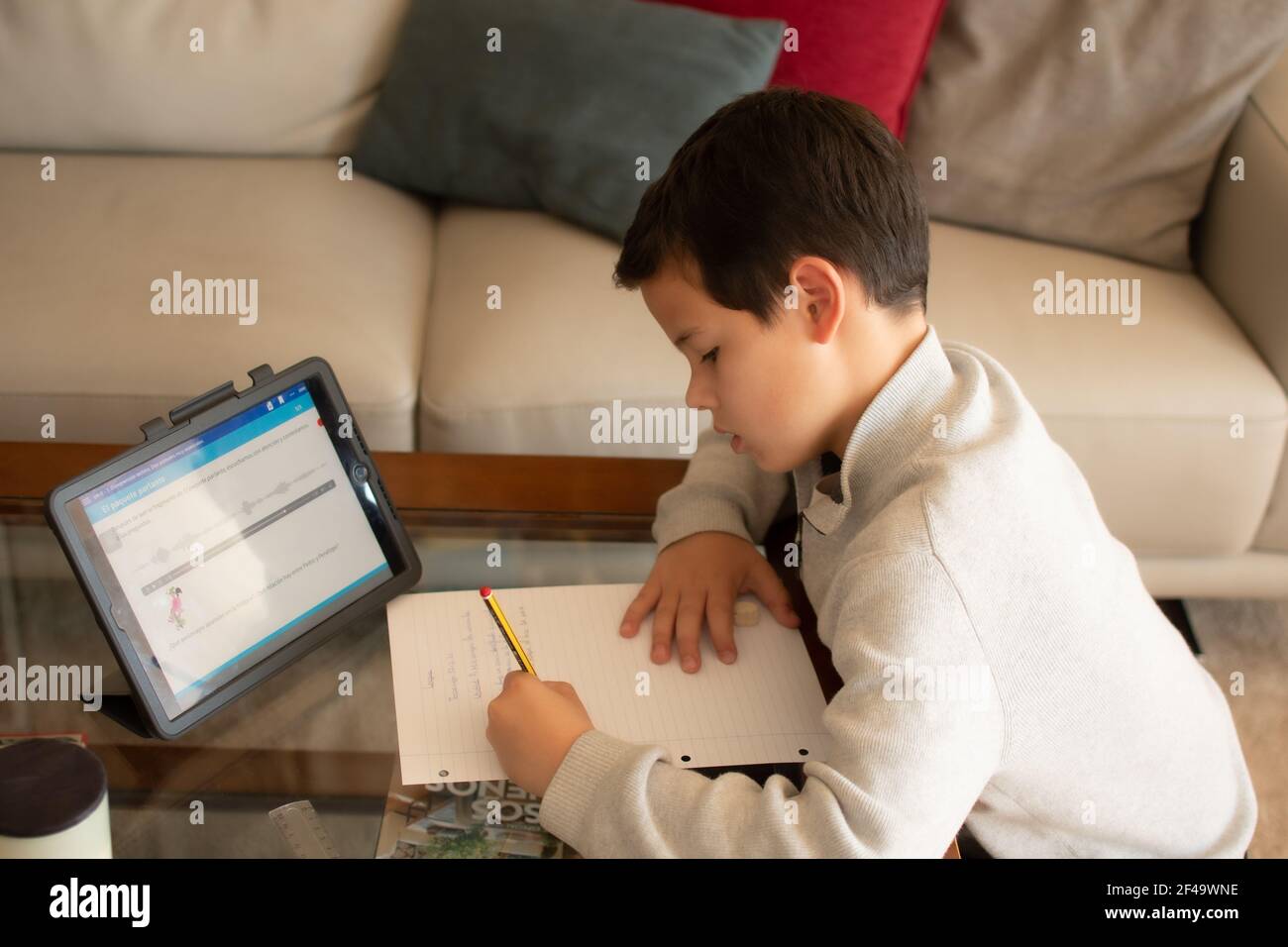 Portrait of a boy doing his homework at the laptop, isolated in the ...