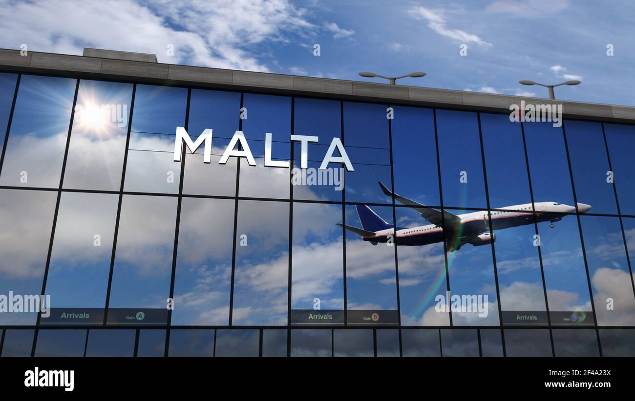 Jet aircraft landing at Malta 3D rendering illustration. Arrival in the ...