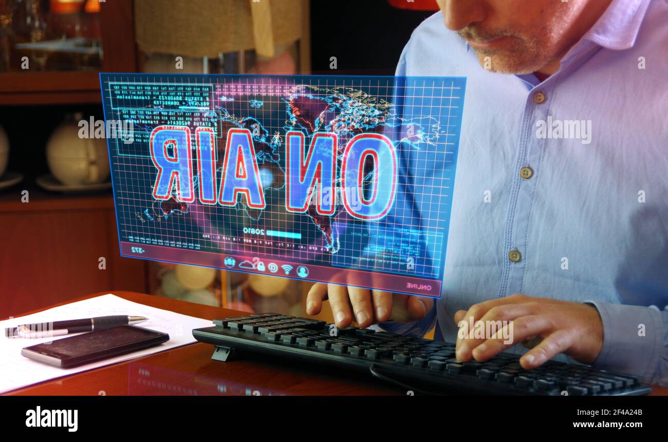 On Air on computer screen. Broadcast, media live stream, blogger ...