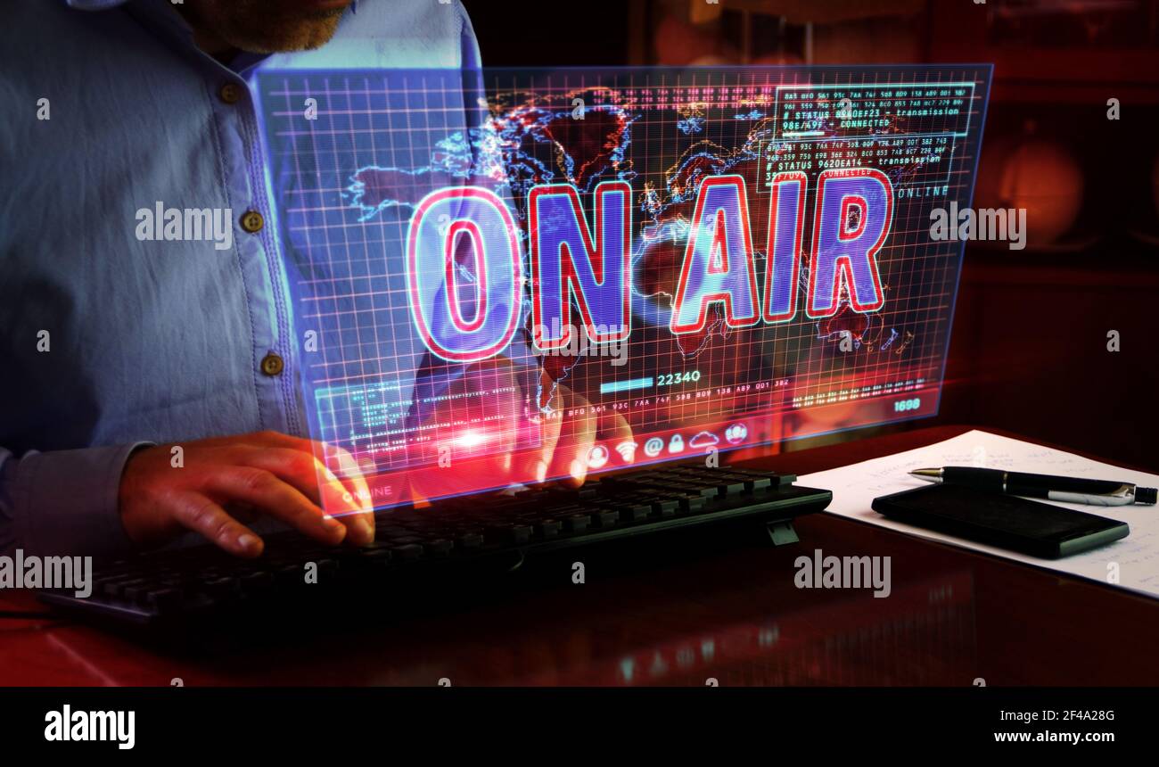 On Air on computer screen. Broadcast, media live stream, blogger ...