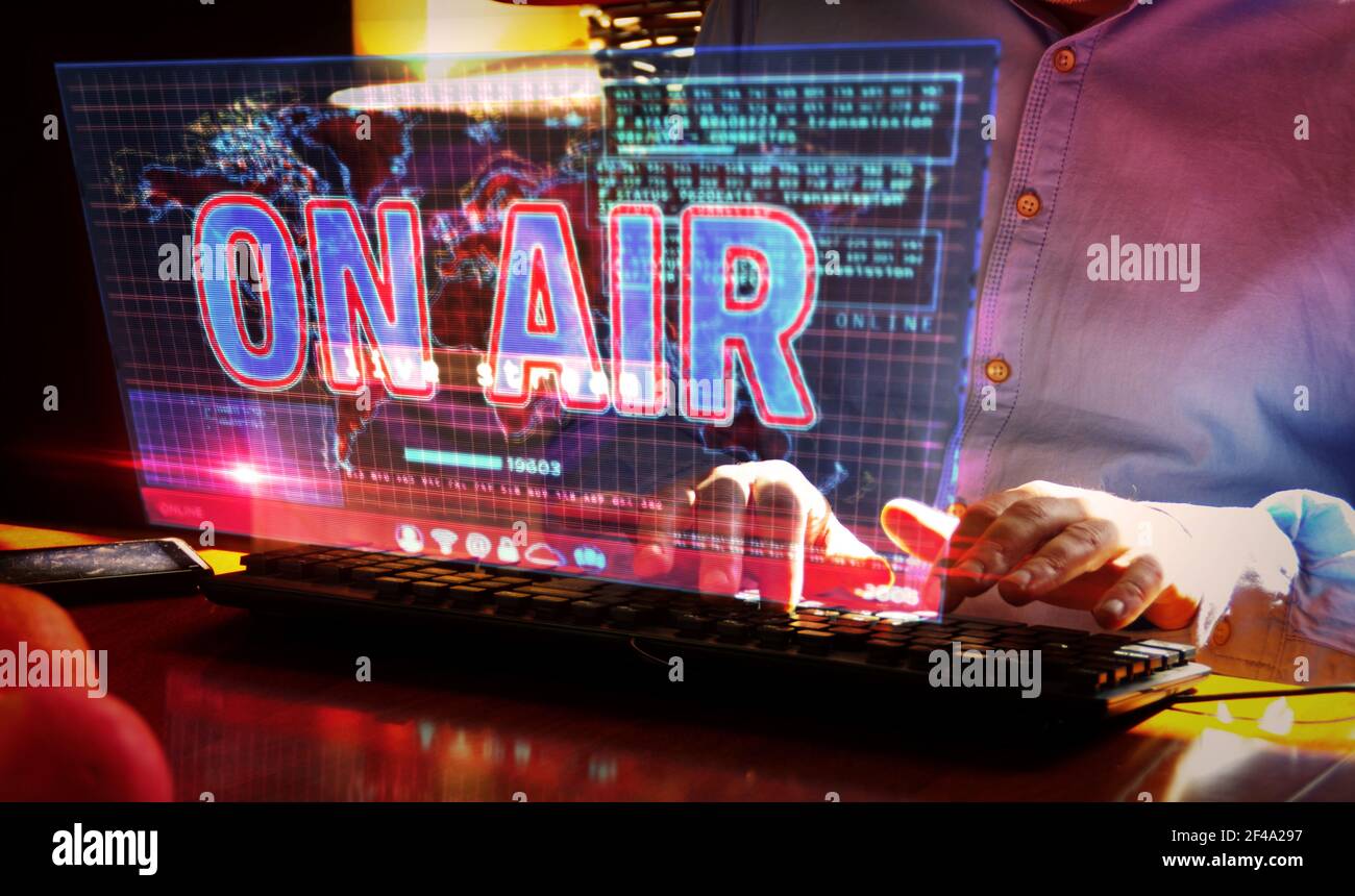 On Air on computer screen. Broadcast, media live stream, blogger ...