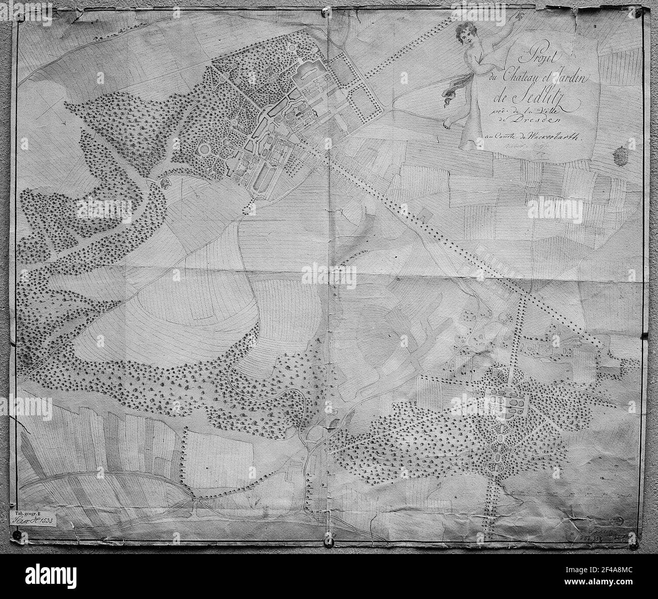 Great line, map of castle with garden and place Stock Photo - Alamy