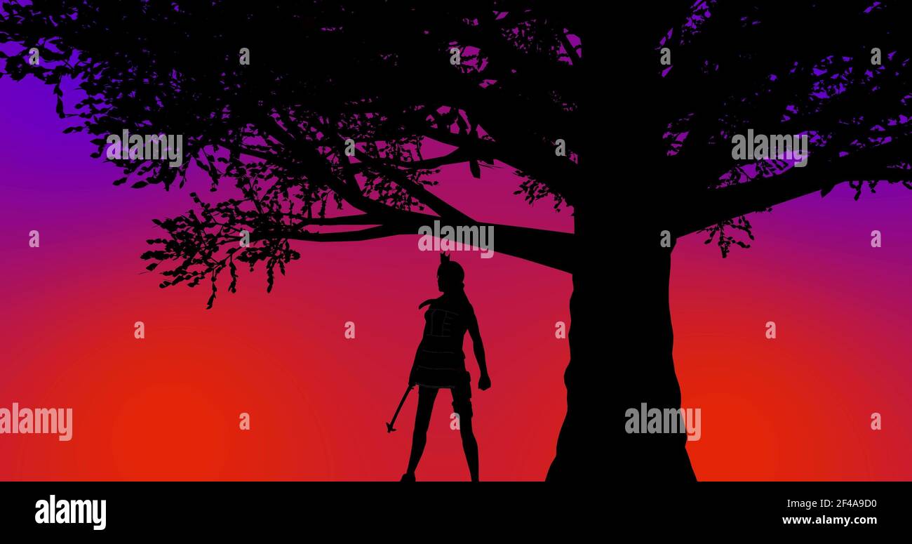 An illustration of a warrior female under a tree during sunset with ...