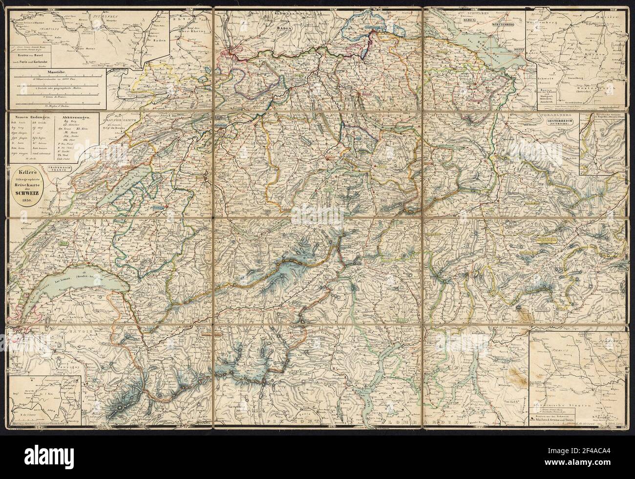 Travel map of Switzerland, approx. 1: 500 000, lithograph, 1850 Stock ...