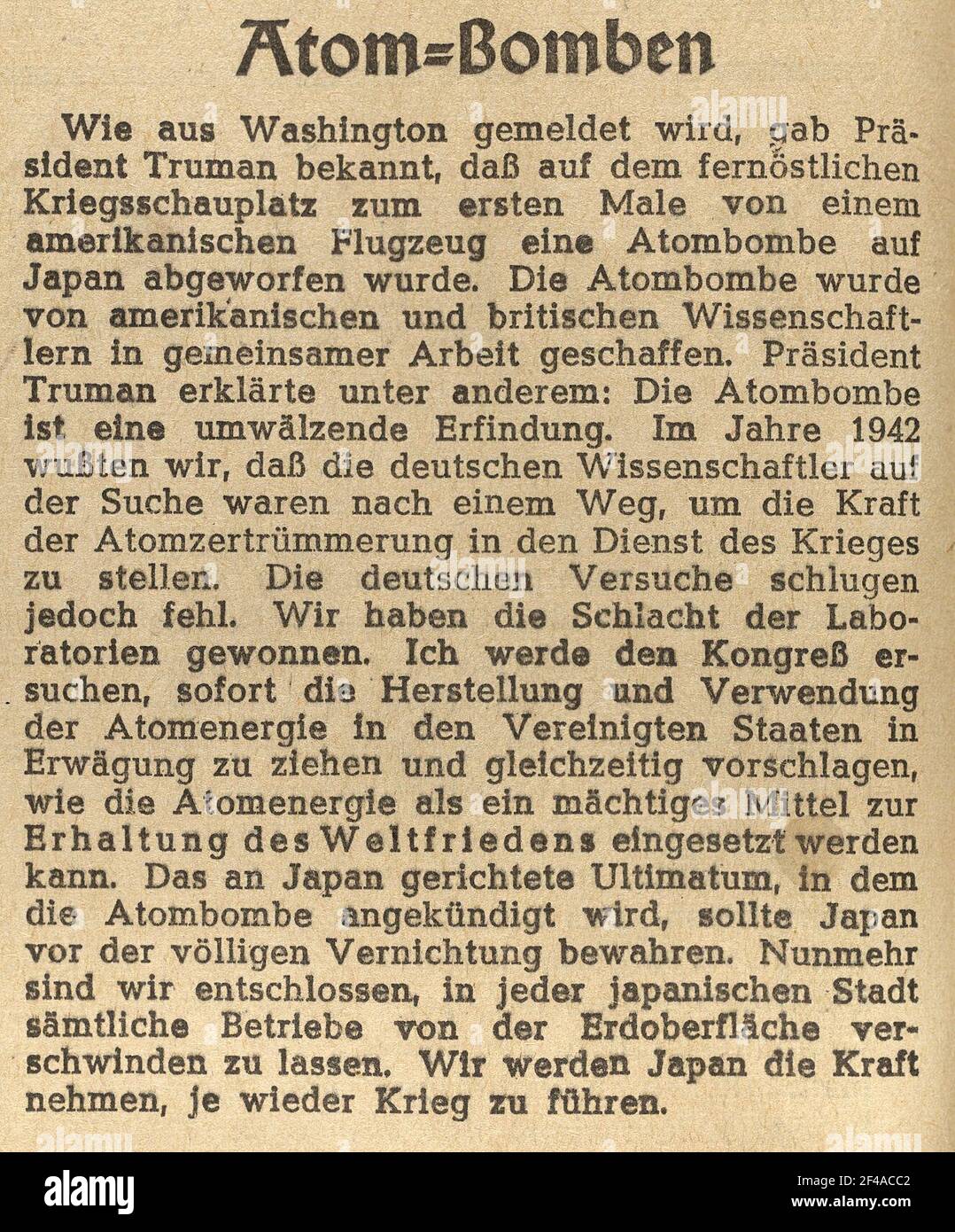 Newspaper article "Atom bombs" (atomic bomb compensation on Hiroshima ...