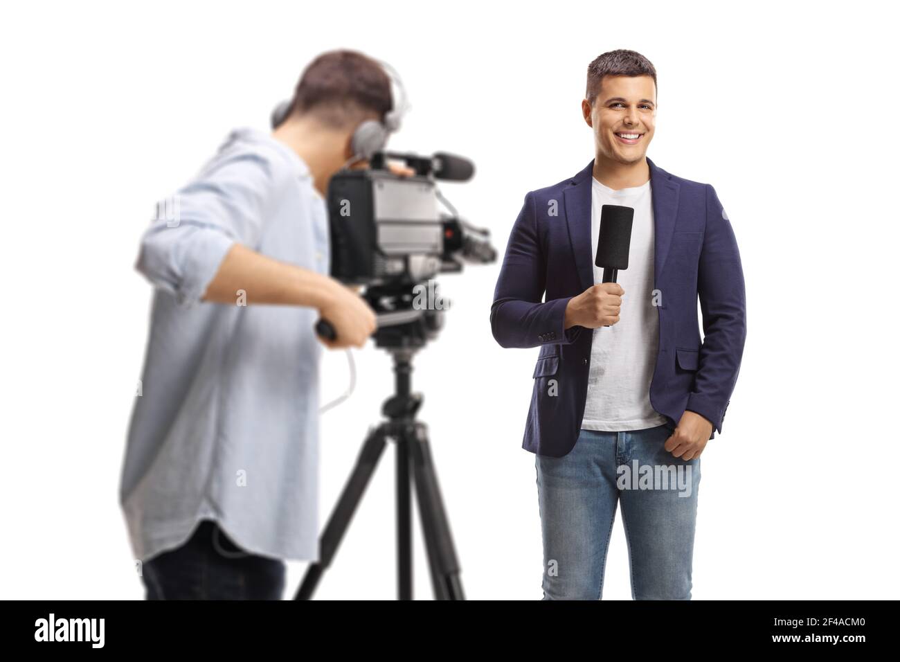 Back view of a cameraman recording a male reporter isolated on white ...