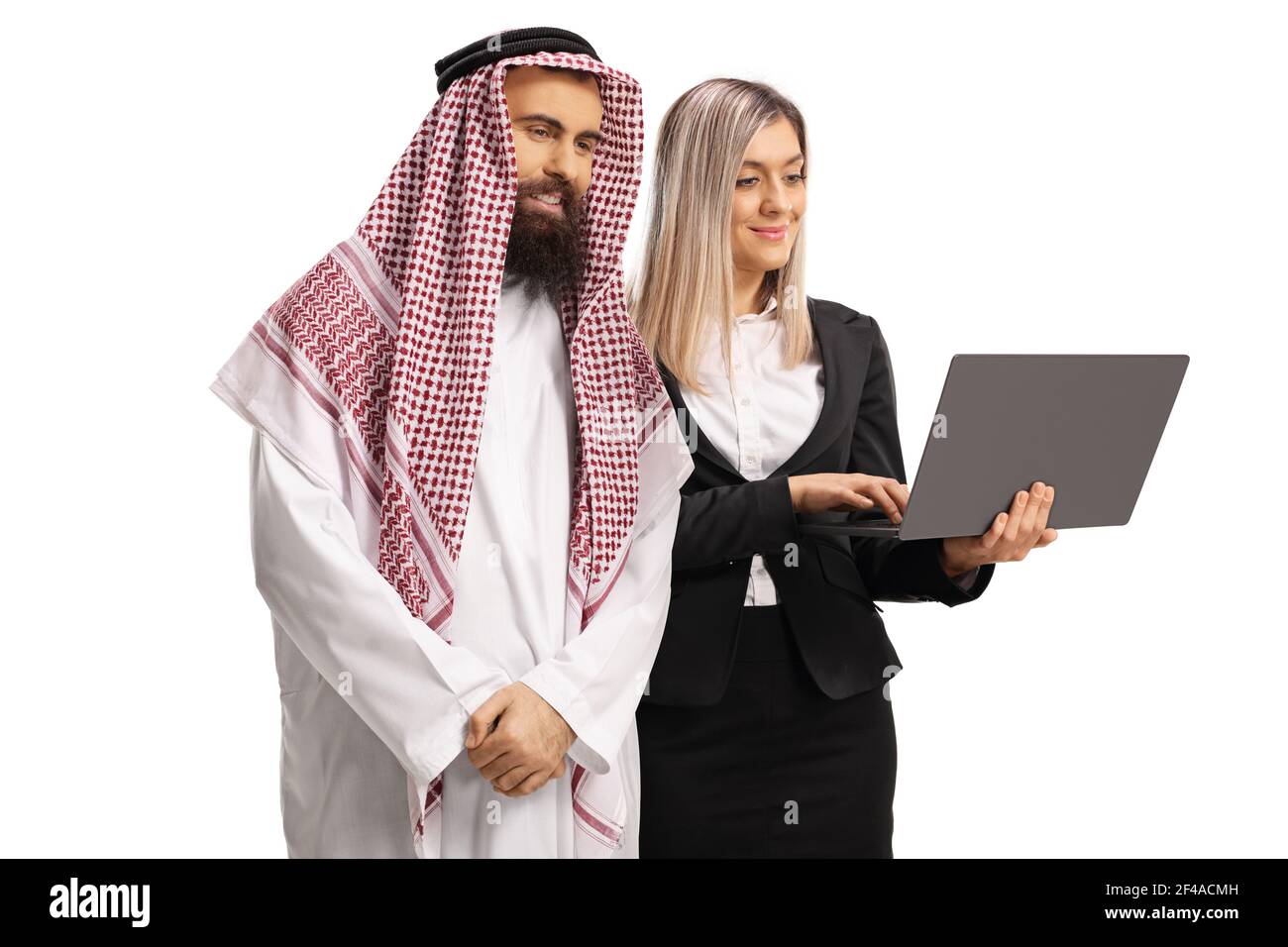 Businessman with a lap top computer saudi arab man isolated on white ...