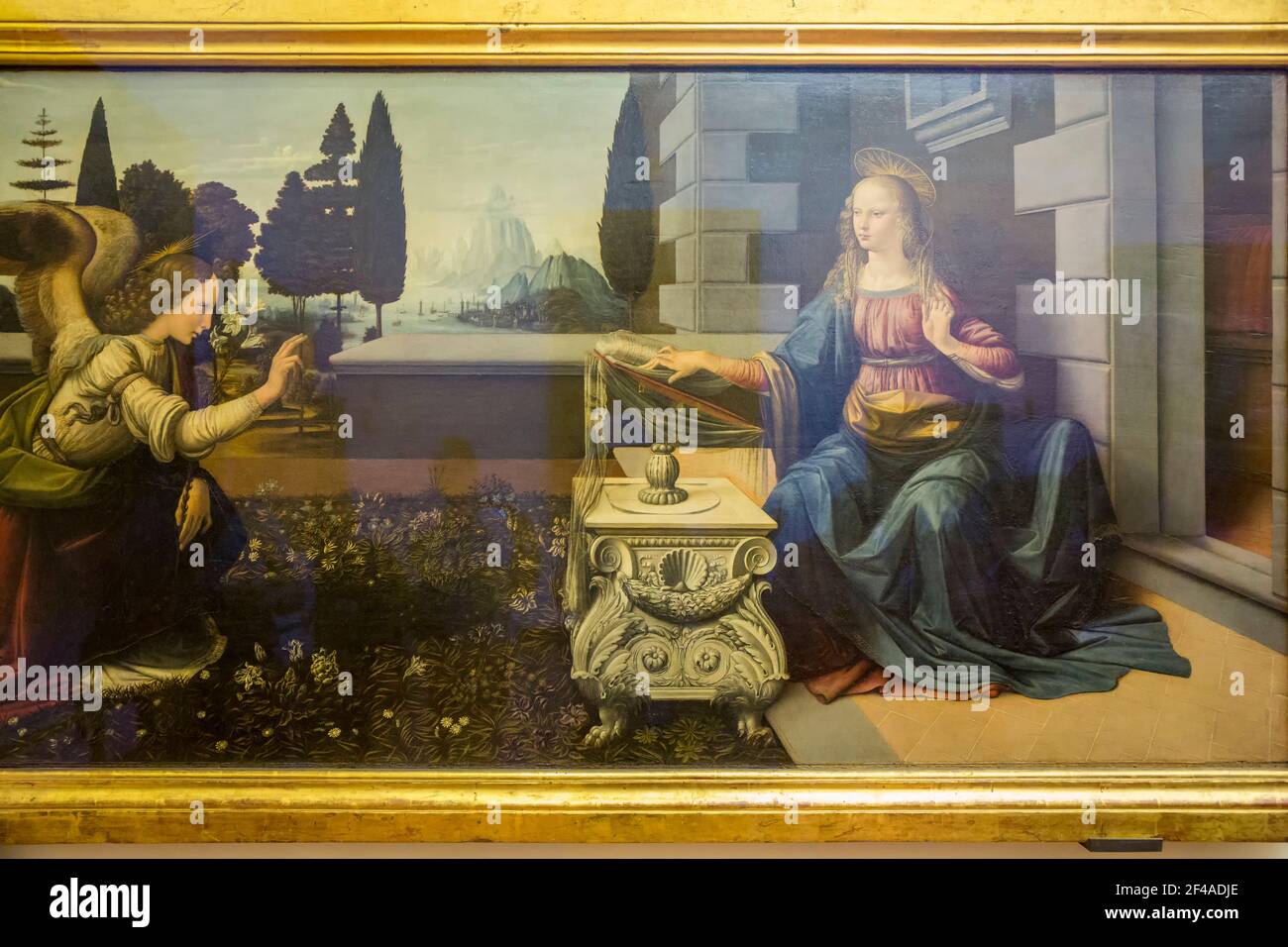 Florence, Italy. Annunciation oil on panel painting by Leonardo da ...