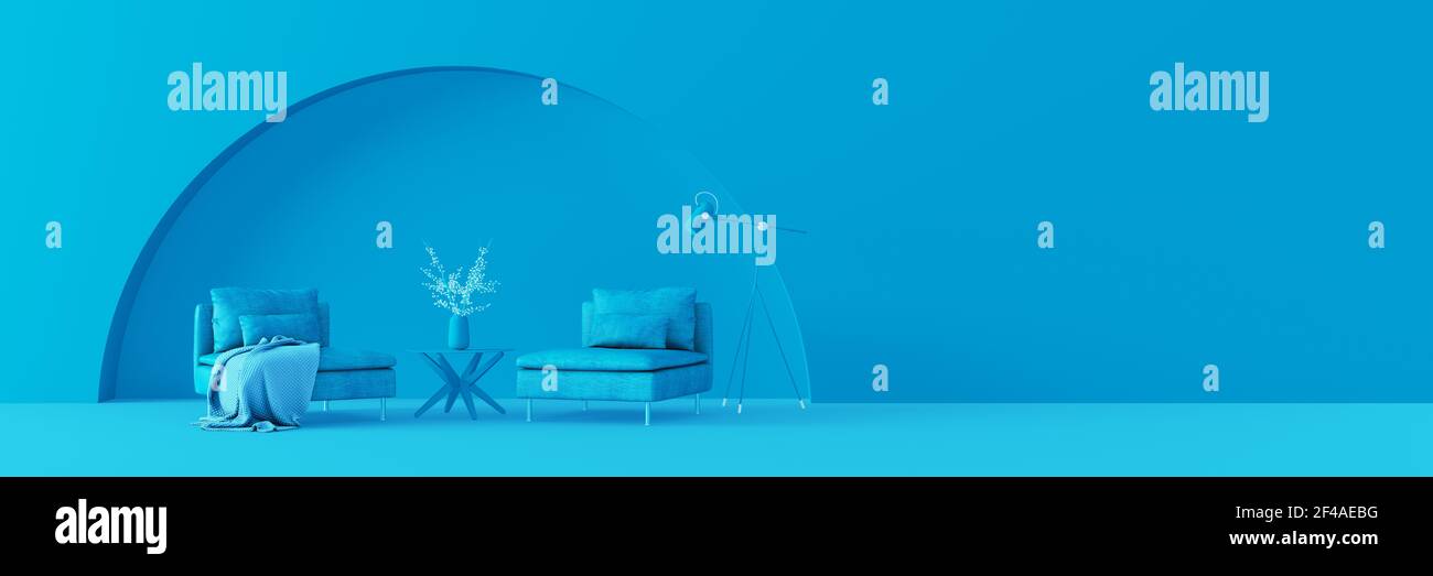 Creative interior design in blue studio with armchair. Minimal living ...