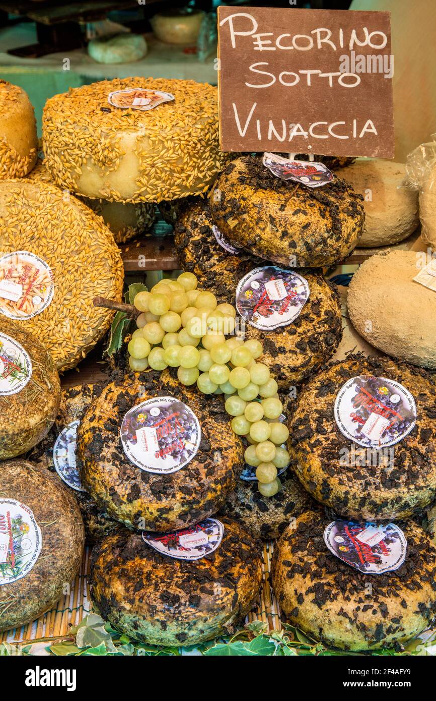 Cortona, Italy. Pecorino Sotto Vinaccia cheese rounds aged under straw ...