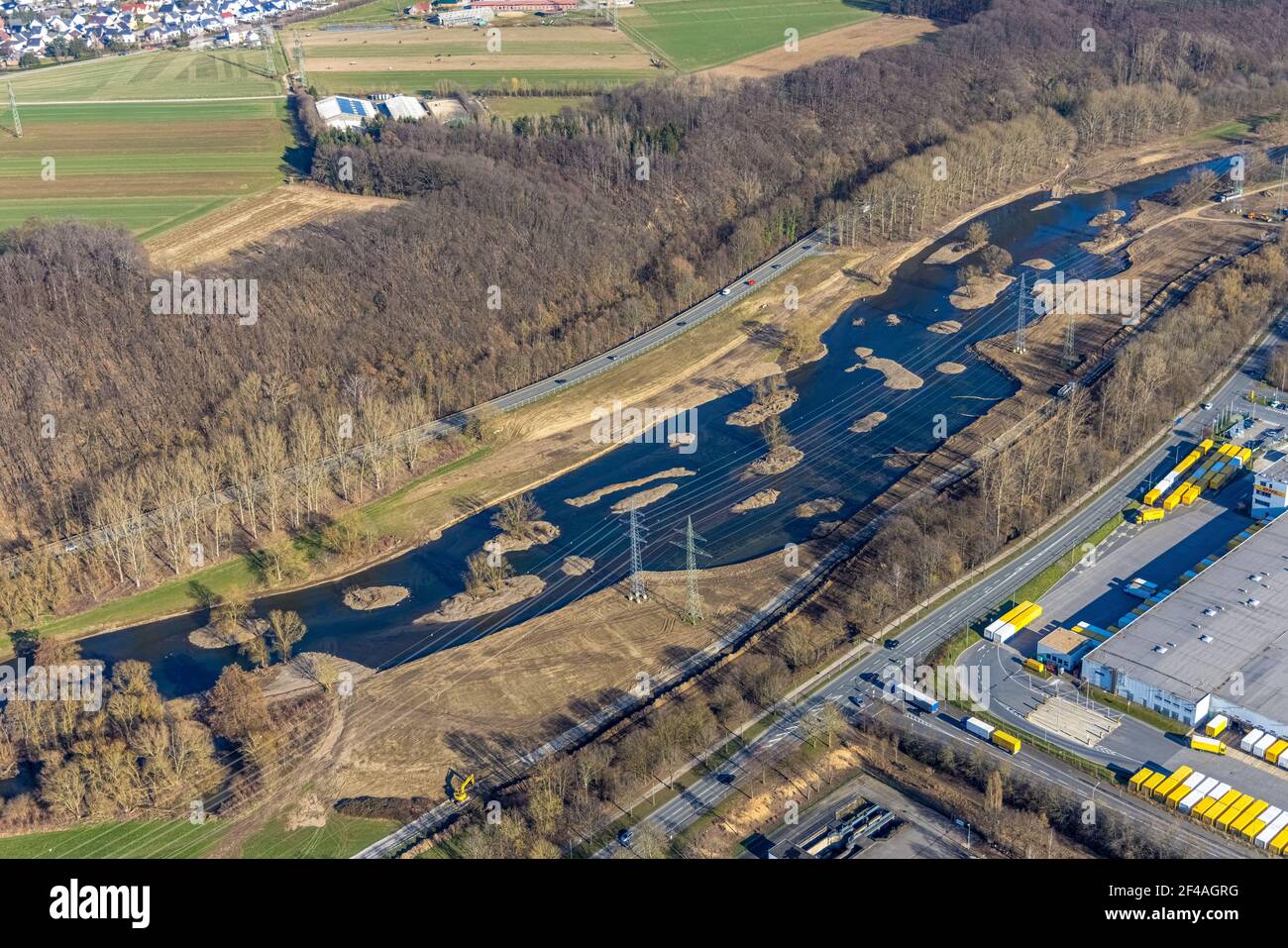 Aerial photograph, Lenne floodplain renaturation measure, Lenne River ...
