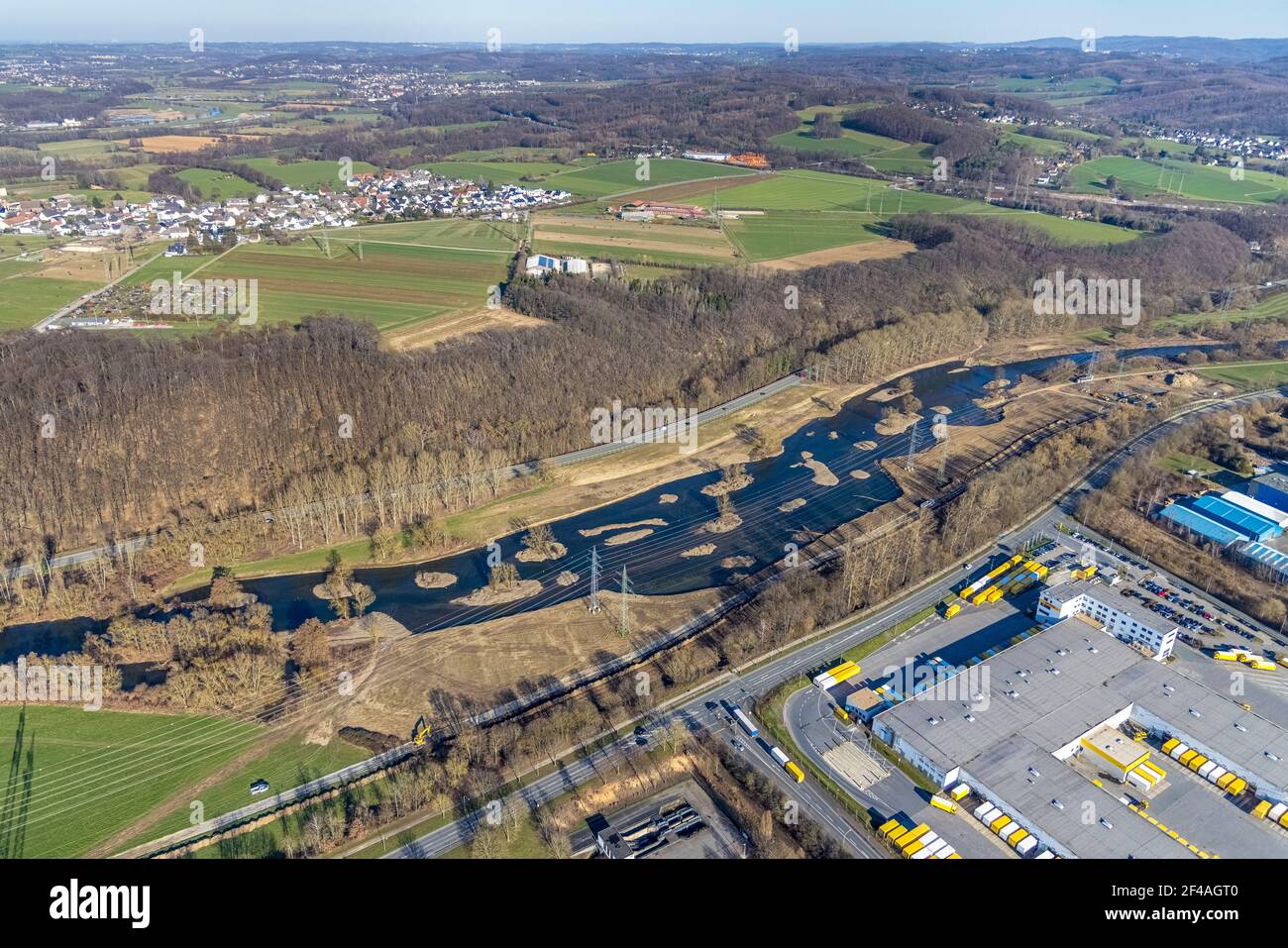 Aerial photograph, Lenne floodplain renaturation measure, Lenne River ...