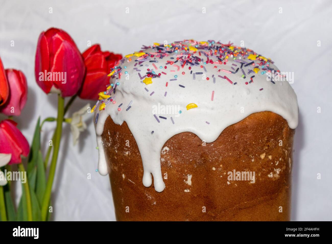 Easter holidays isolated sweet bread, paska decorated with sugar icing ...