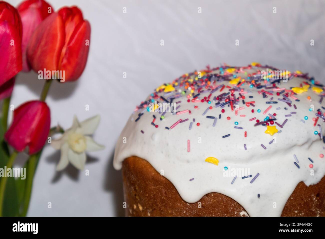 Easter holidays isolated sweet bread close-up, paska decorated with ...