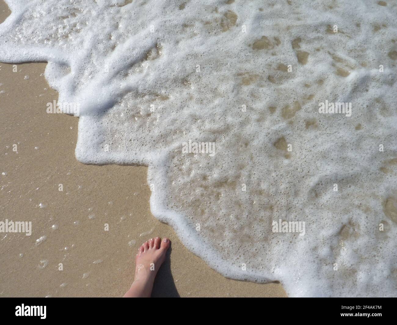 A top view closeup of seafoam and a foot on the seashor Stock Photo - Alamy