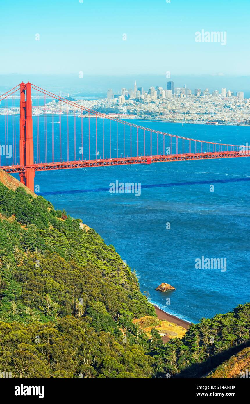 View of Golden Gate Bridge and financial district, San Francisco ...