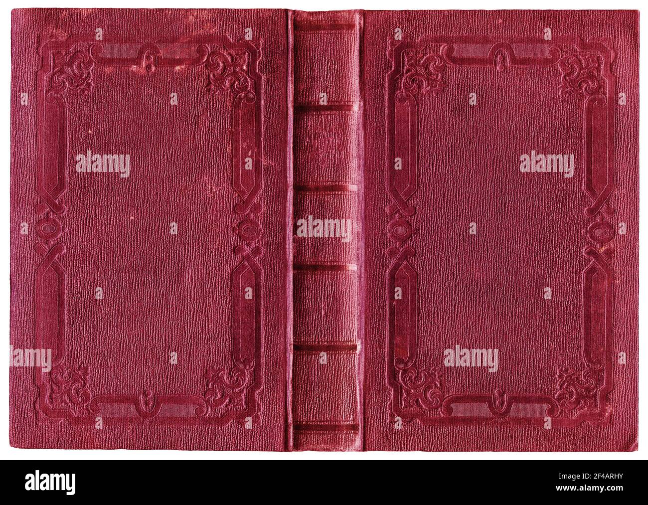 Old open book cover in textured wrinkled crimson red canvas with ...