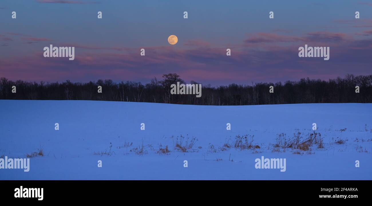 A full moon rising over a wintery landscape in northern Wisconsin Stock ...