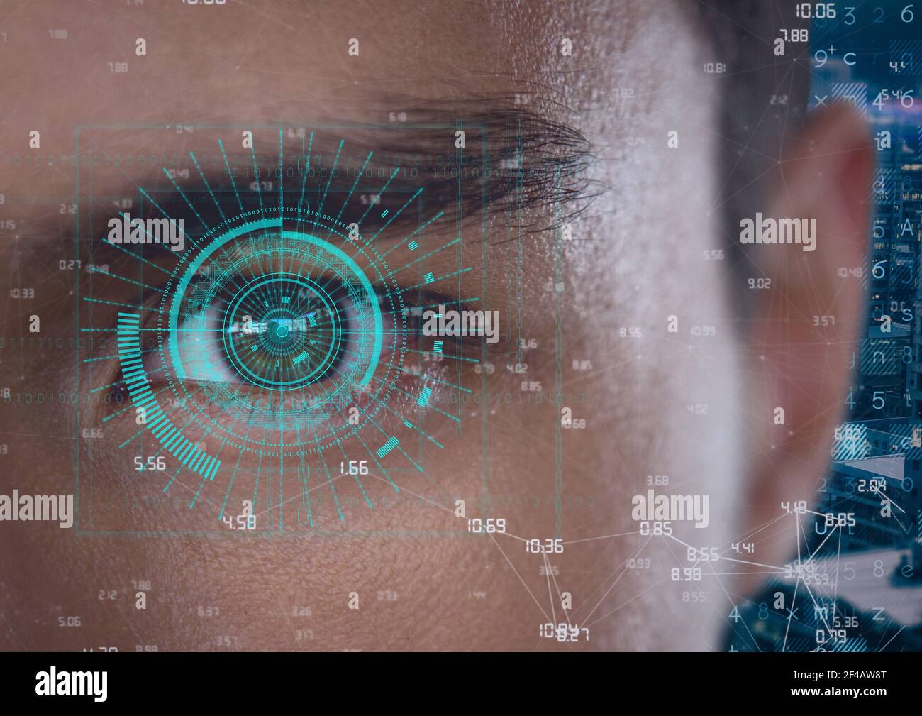 Round scanner and network of connections against close up of male human ...