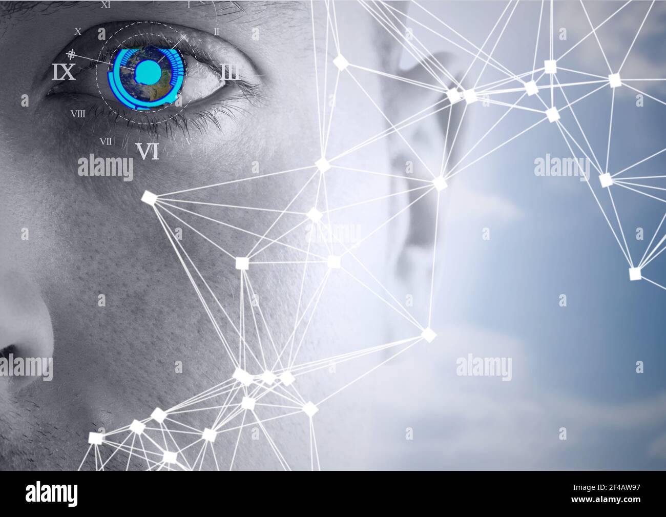 Round scanner and network of connections against close up of male human ...