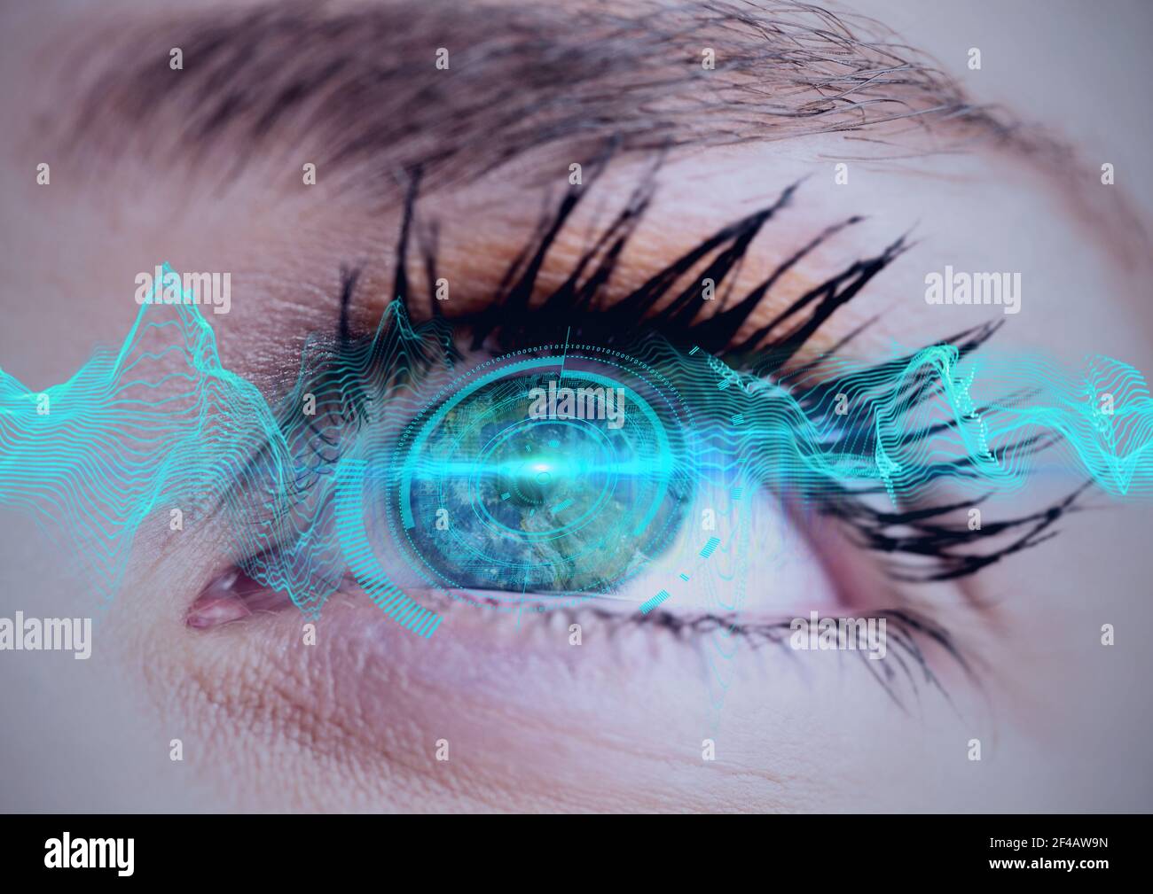 Digital composite image of digital waves against close up of female ...