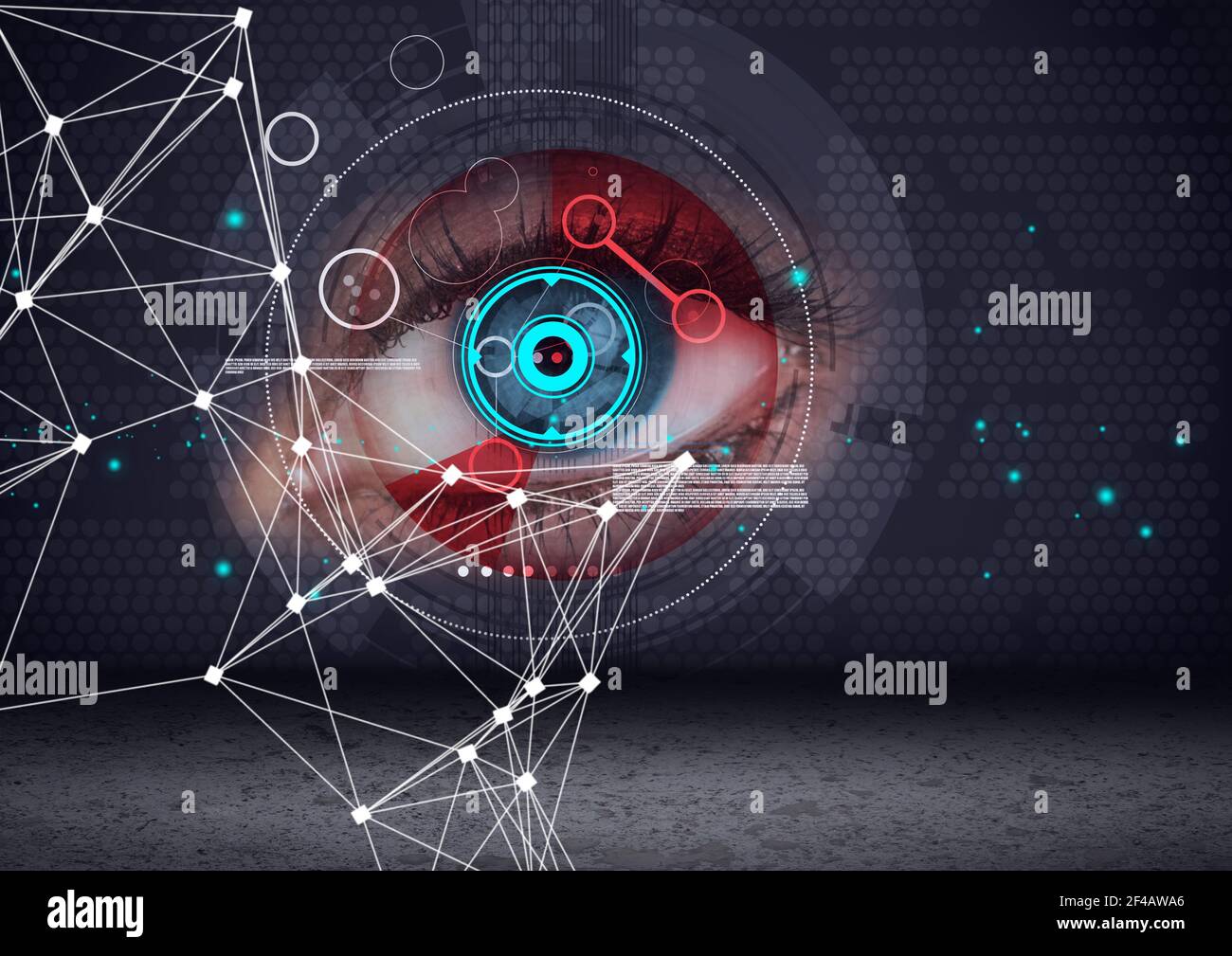 Round scanner and network of connections against close up of female ...