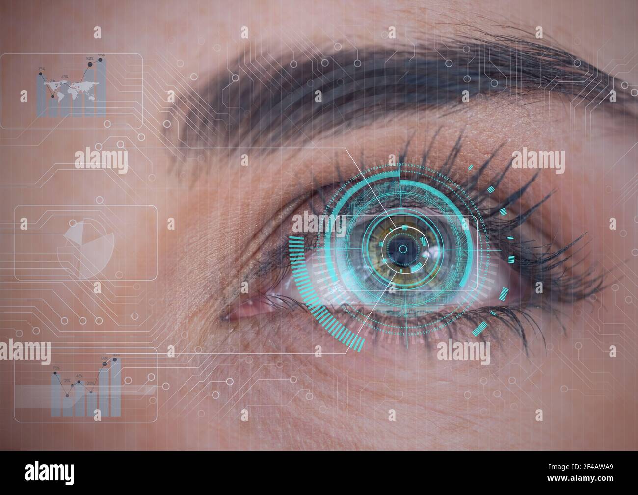 Round scanner and microprocessor connections against close up of female ...