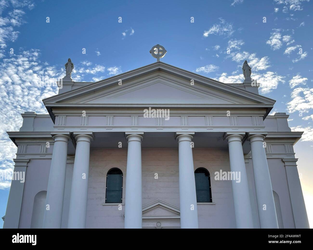 Deatil of the Doric columns and pediment of the Holy Rosary Catholic ...