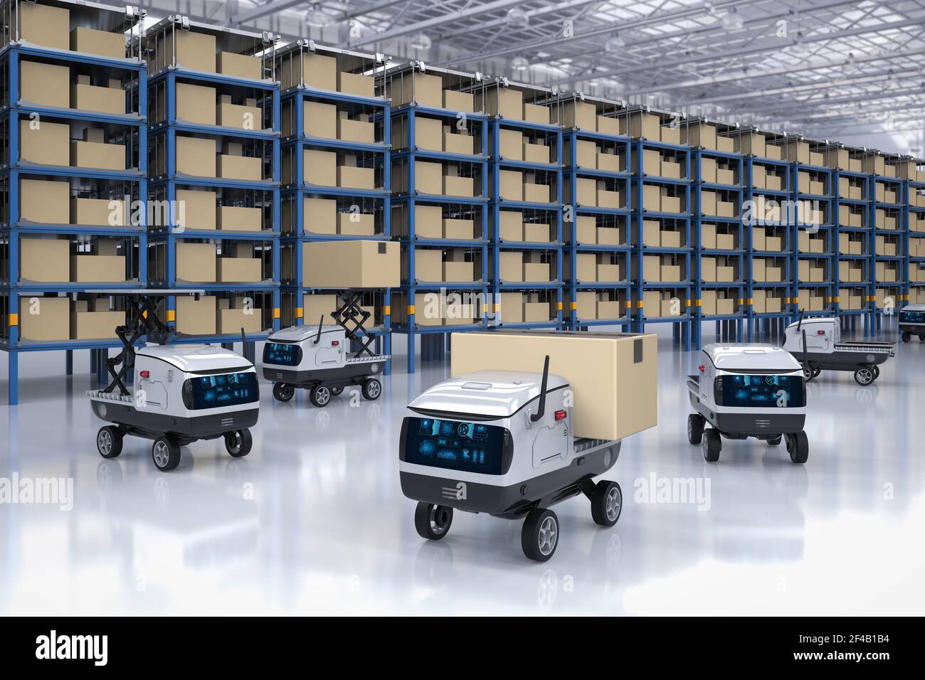 Automation warehouse concept with 3d rendering delivery robots carry ...
