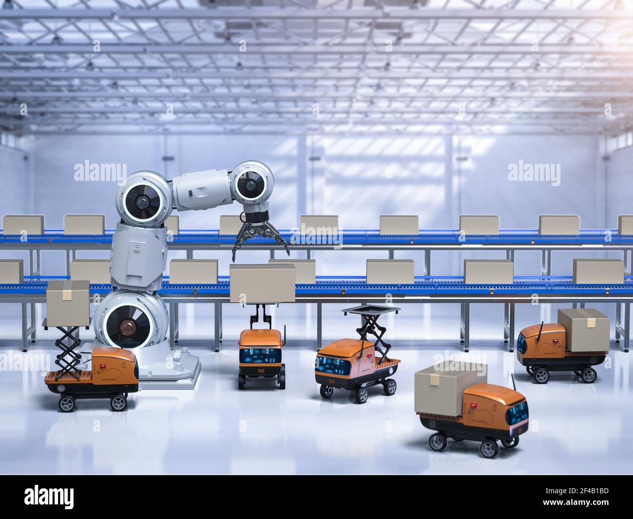 Automation warehouse concept with 3d rendering delivery robots carry ...