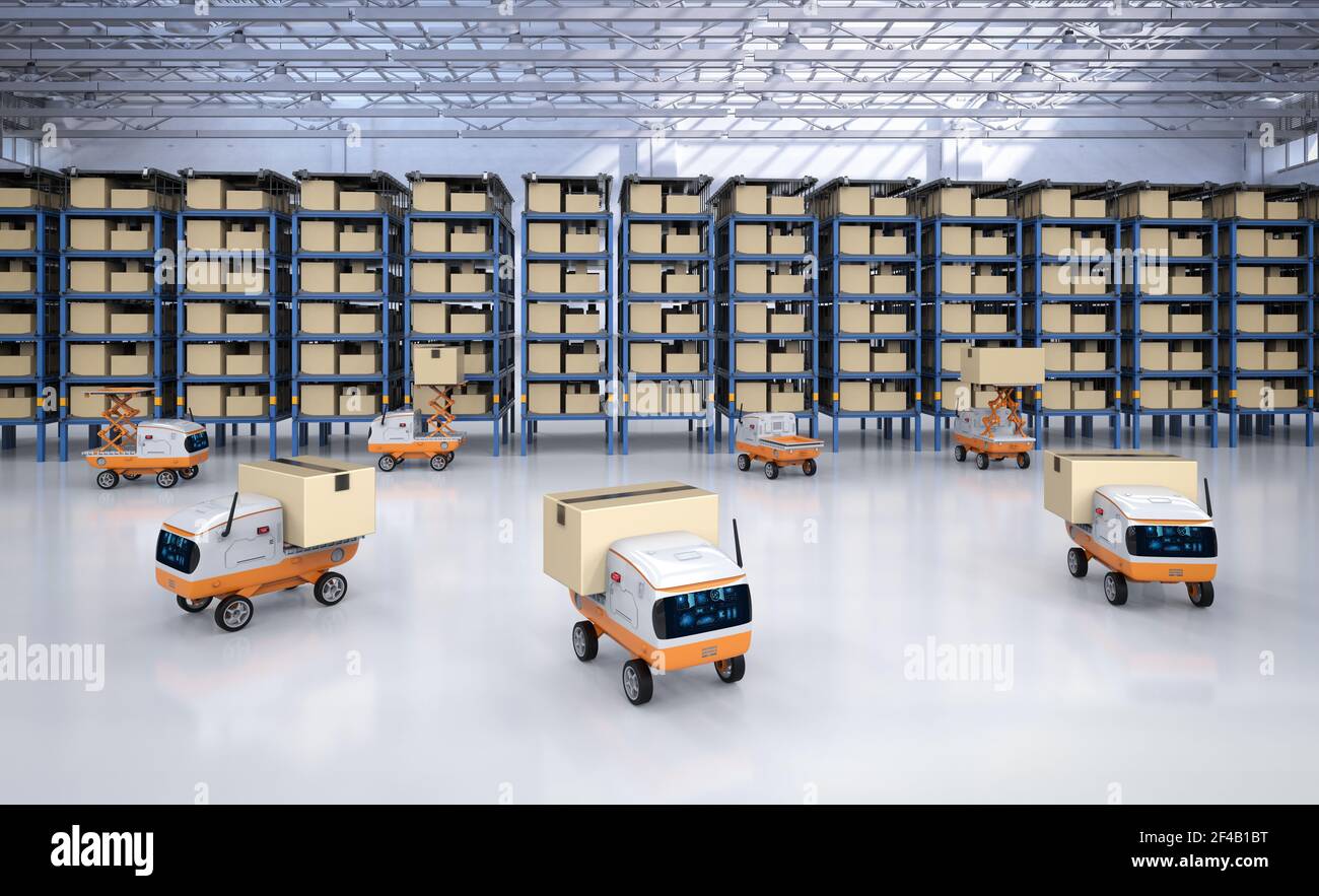 Automation warehouse concept with 3d rendering delivery robots carry ...