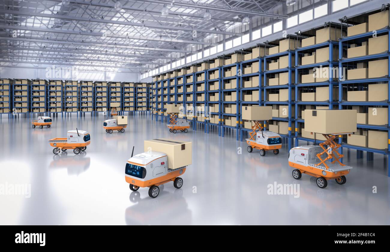Automation warehouse concept with 3d rendering delivery robots carry ...