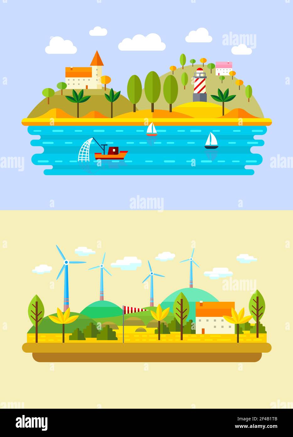 Vector flat landscape with windmill, lake, castle, fishing ship ...
